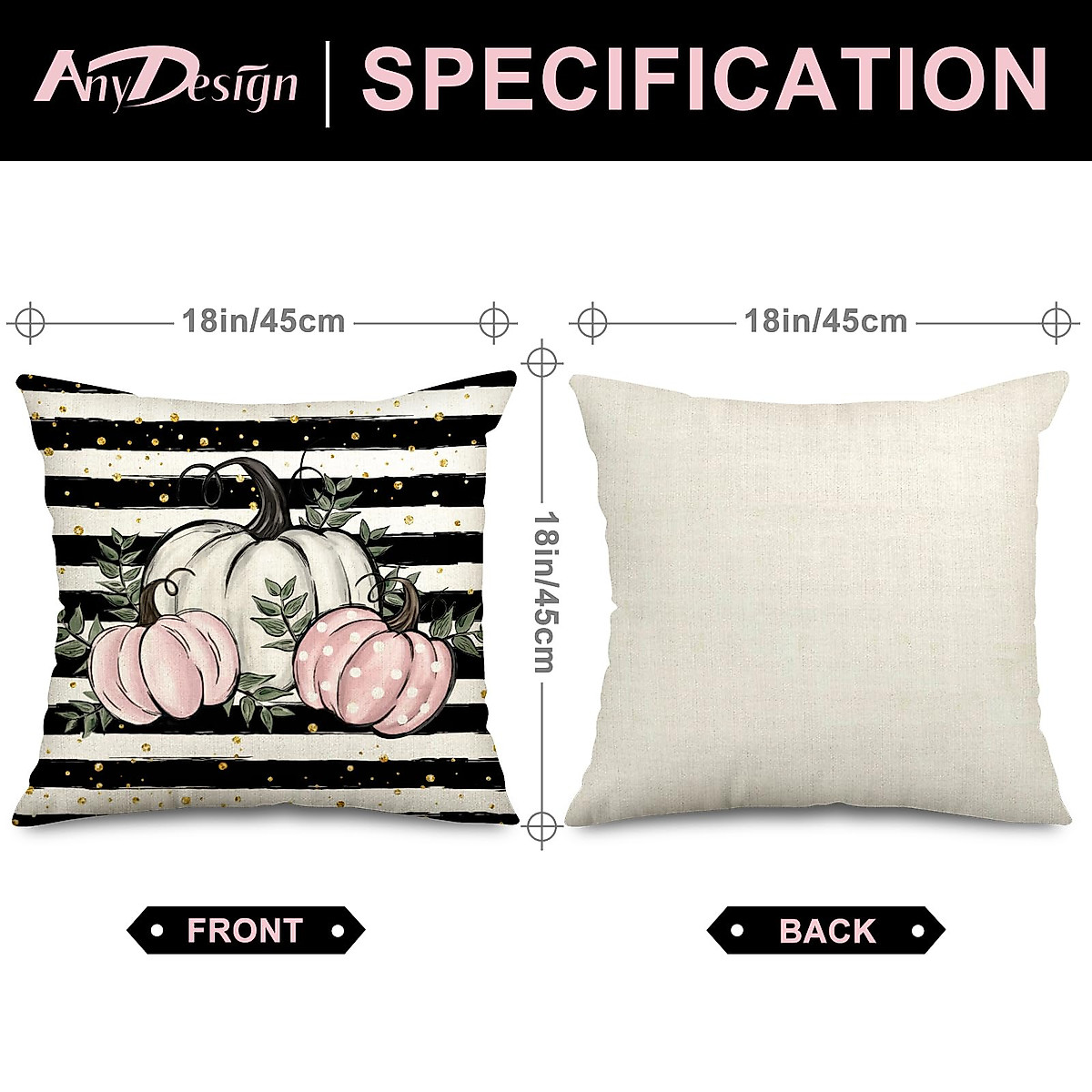 AnyDesign Fall Pillow Covers Gold Foil Pumpkin Throw Pillow Case Black Pink Autumn Decorative Cushion Cover for Harvest Farmhouse Thanksgiving Home Office Room Couch Sofa Decor, 18 x 18 Inch, 4Pcs