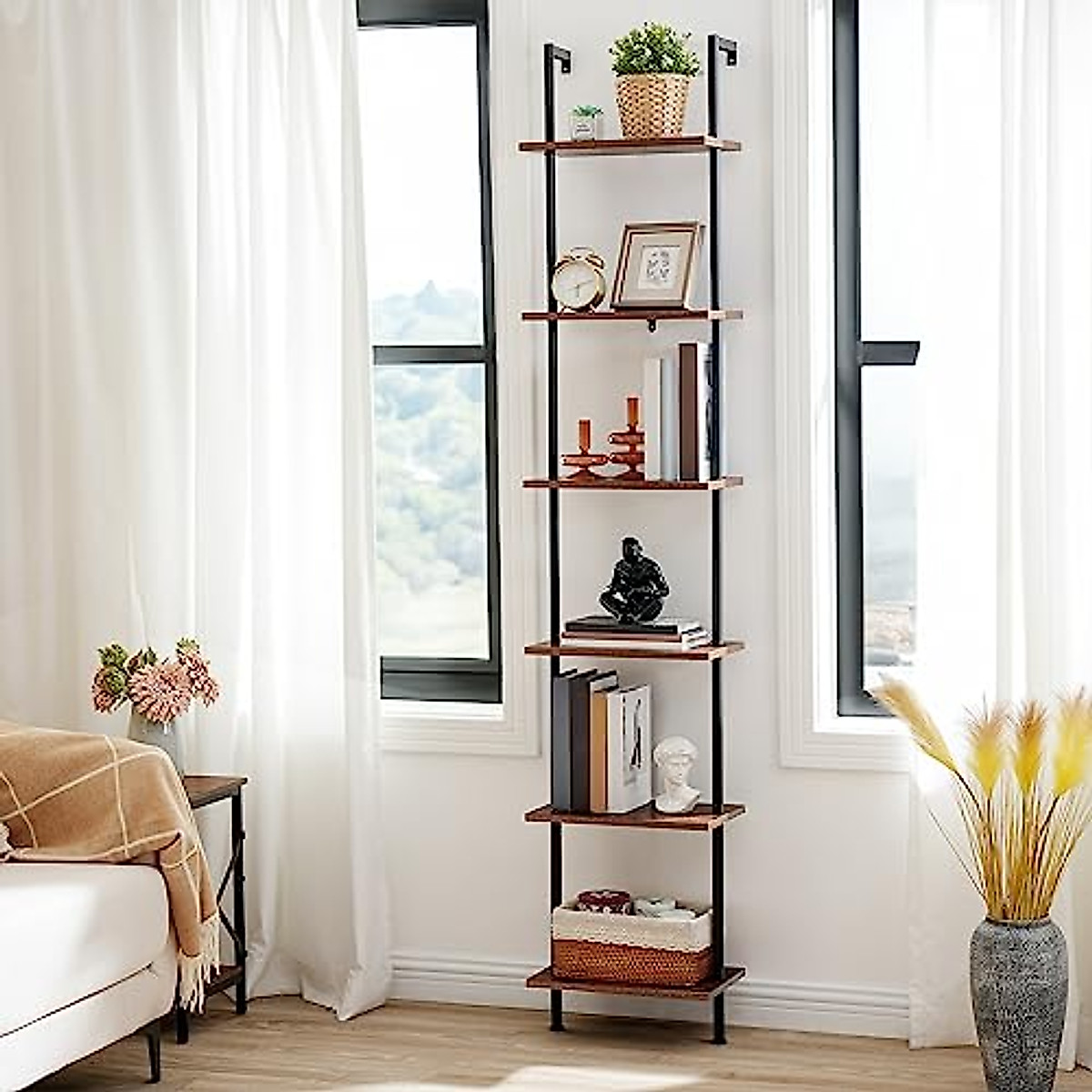 HOOBRO DIY Ladder Shelf, 6-Tier Wooden Wall Mounted Bookshelf, Narrow Bookcase, Display Shelf, Storage Rack, Plant Stand, for Living Room, Bedroom, Study, Balcony, Rustic Brown and Black BF651CJ01