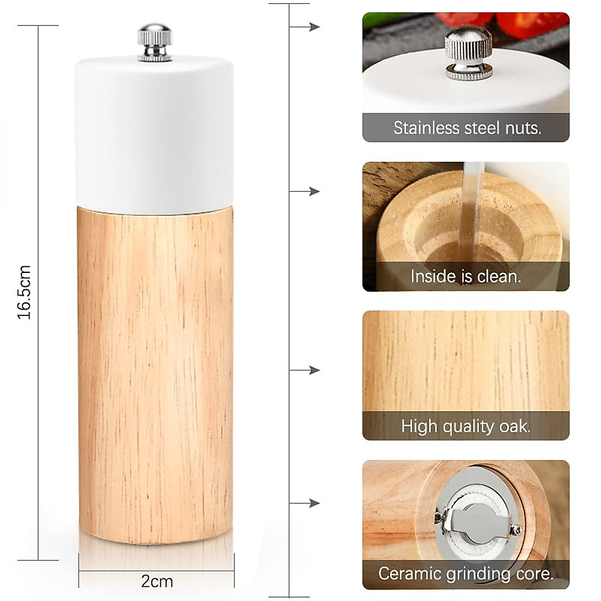 Salt and Pepper Grinder Set | Wooden Salt Grinder Shakers with Adjustable Ceramic Core | Manual Salt and Pepper Mill Refillable for Spice/Sea Salt/Chili/Peppercorn | Pack of 2 (White + Black)