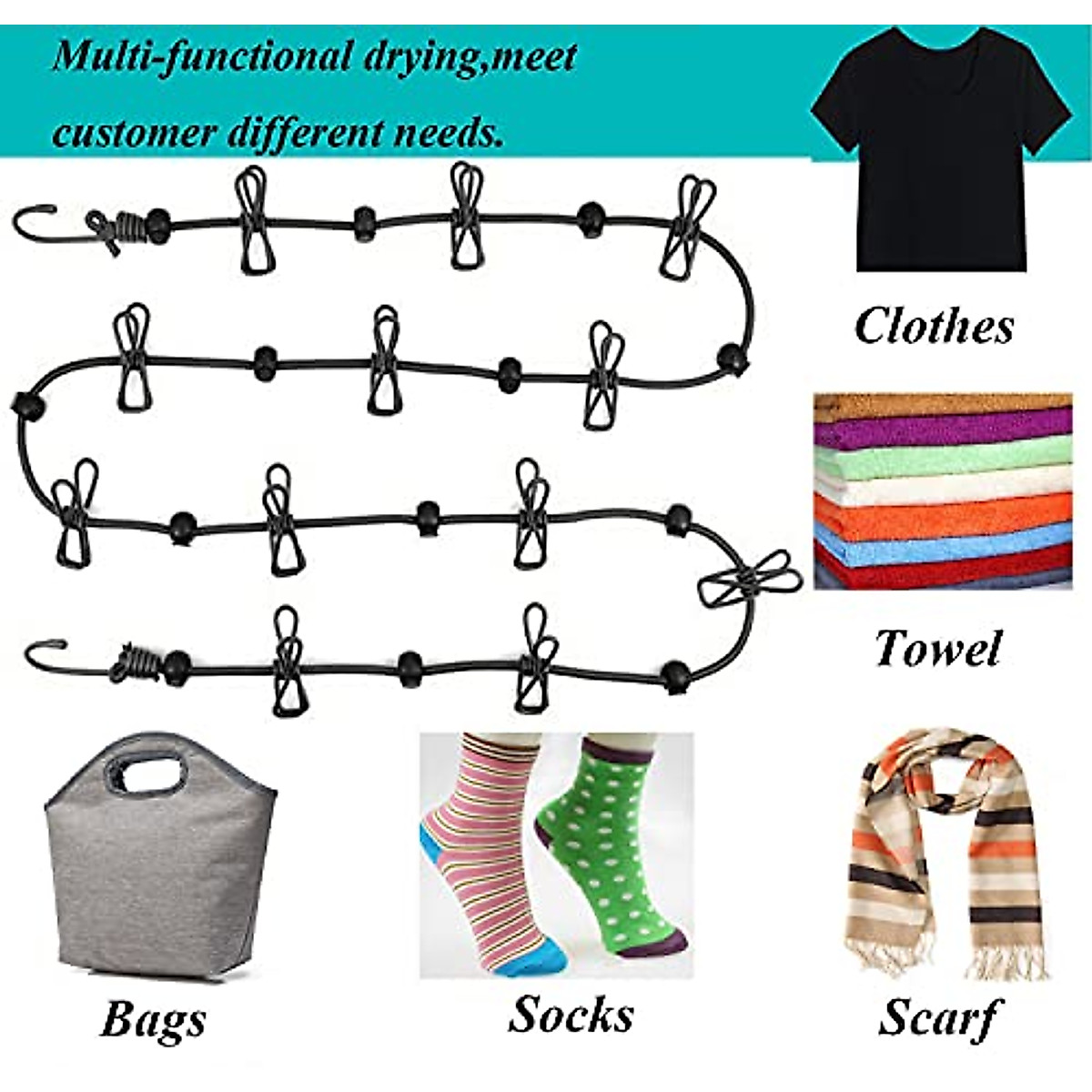 Portable Clothesline with 12pcs Clips, 3 Pack Windproof Travel Camping Clothes line Retractable Elastic Laundry Drying Clothes Line for Backyard, Hotel, Outdoor and Indoor Use(Black+Blue+Purple)