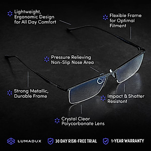 Lumadux Computer Blue Light Glasses Men Blocking for Reading, Eye Strain Headaches and Blurry Vision | Blocker Gaming Glasses (Titanium Black, 1.5, x)