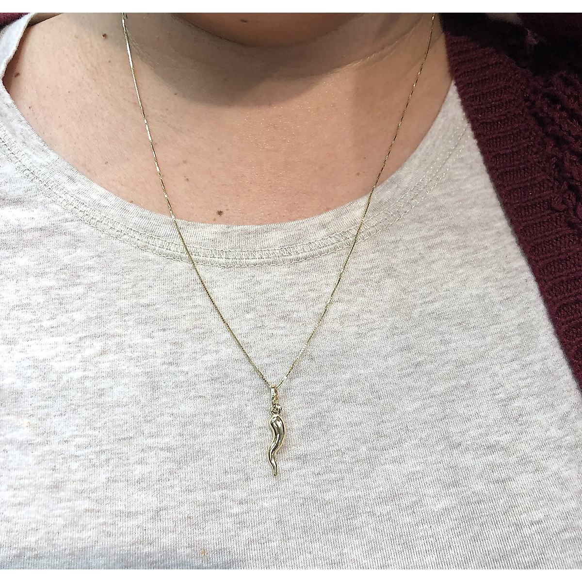 TGDJ 14k Yellow Gold Italian Horn Charm Pendant - 23 x 8 MM Good Luck Pendant with 0.65mm Box Link Chain - Suitable for Men and Women