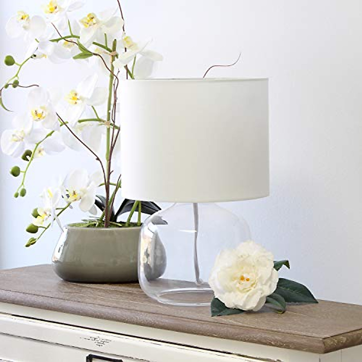 Simple Designs LT2064-CLW Clear Glass Table Lamp with White Fabric Shade