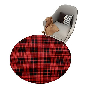 Christmas Fluffy Round Area Rug Carpets 3.3ft, Plush Shaggy Carpet Soft Circular Rugs, Non-Slip Fuzzy Accent Floor Mat for Living Room Bedroom Nursery Home Decor Buffalo Plaid Red Black Lattice