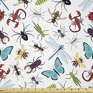 Ambesonne Animals Fabric by The Yard, Colorful Insects Butterfly Caterpillar Scorpion and Spiders Nature Illustration, Stretch Knit Fabric for Clothing Sewing and Arts Crafts, 1 Yard, White