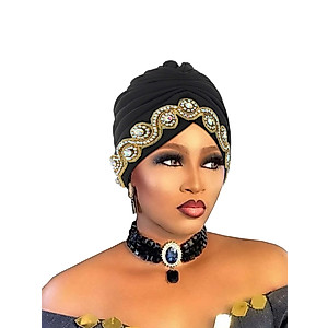 Woeoe Women African Turban Bling Rhinestones Beanie Cap Headwear Pre-Tied Crystal Head Wrap (Black)