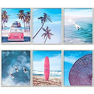 Aesthetic California Beach Ocean Surf Posters for Home - 8x10 Inches UNFRAMED Set of 6 Wall Art – Pink Retro Watercolor Prints Pictures Decor Decorations Gifts for Living Room, Home Decorations by PRINT'N'ART