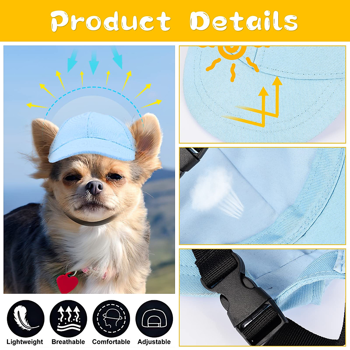 Yikeyo Dog Hat for Small Dogs Dog Sun Hats with Ear Holes, Pet Puppy Baseball Cap for Summer Dog Visor Caps (Small, Blue)