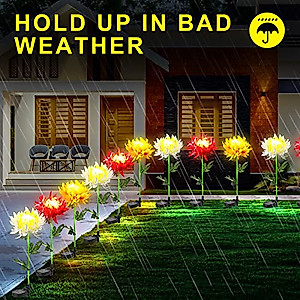 12 Pcs Solar Flower Lights Waterproof Garden Outdoor Chrysanthemum Lights Led Decorative Flowers Stake Light for Home Backyard Pathway Patio Yard Walkway Porch Fences Decorations, Yellow Red White