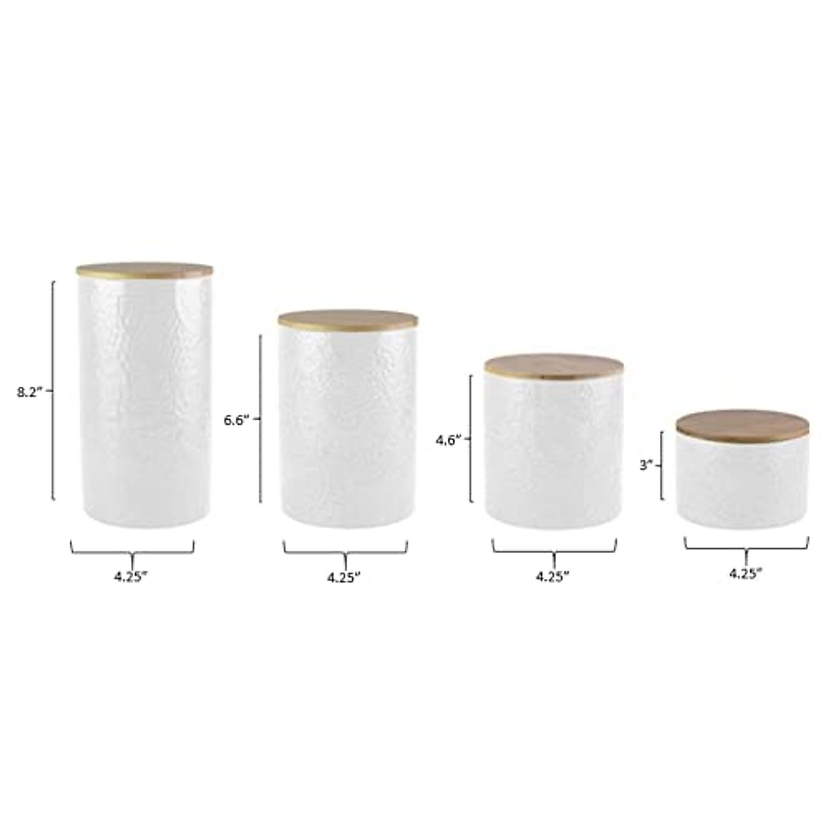 American Atelier Embossed Canister Set 4-Piece Ceramic Set Jar Container with Wooden Lids for Cookies, Candy, Coffee, Flour, Sugar, Rice, Pasta, Cereal & More White