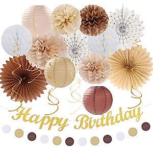 White-Brown Champagne-Gold Boho Birthday Party-Decorations - 21pcs Happy Banner,Beige Neutral Rustic Paper Lanterns Honeycomb, Hanging Streamers,Tissue Pom Poms Flower Fan,Fall Decor Supplies Huglony