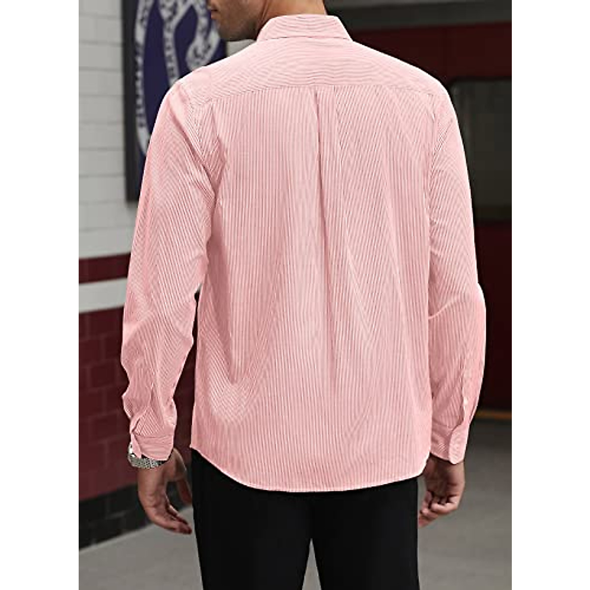 Renaowin Mens Dress Shirt with Front Pocket Regular Fit Pinpoint Stripe Button Down Long Sleeve Shirts US 46(XL) Red