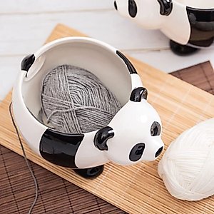 JOROBURO Panda Ceramic Yarn Bowl Knitting Bowl, Knitting Yarn Ball Holder Handmade Craft Knitting Bowl, Yarn Storage Bowl with Holes, Crocheting Accessories for Christmas Day Needlecrafts(#1)