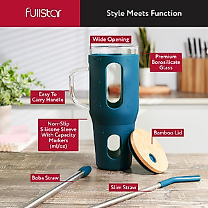 fullstar Glass Cups with Lids and Straws - Drinking Glasses, Glass Tumbler with Straw and Lid, Iced Coffee Cups, Glass Coffee Cups with Bamboo Lids (Dark Teal, 1 Pack)