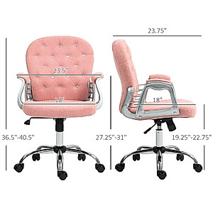 Vinsetto Teddy Fleece Home Office Chair, Button Tufted Desk Chair with Padded Armrests, Adjustable Height and Swivel Wheels, Pink
