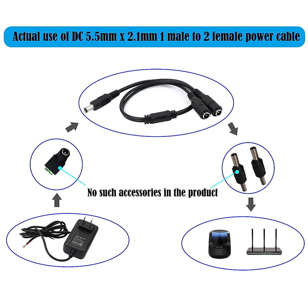 GINTOOYUN DC Y Splitter Cable 1 Male to 2 Female,5.5mm x 2.1mm DC Power Extension Adapter Cable,for CCTV Surveillance Cameras,Surveillance Routers,DVR,and More（2PCS