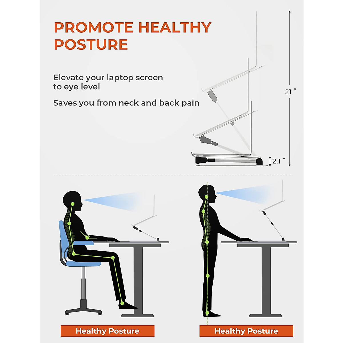 Ergonomic Laptop Stand for Desk, Sit to Stand Laptop Riser, Adjustable Height up to 21", Standing Computer Stand, Promote Healthy Posture Compatible with MacBook Air Pro, All Laptops 10-17"-Silver