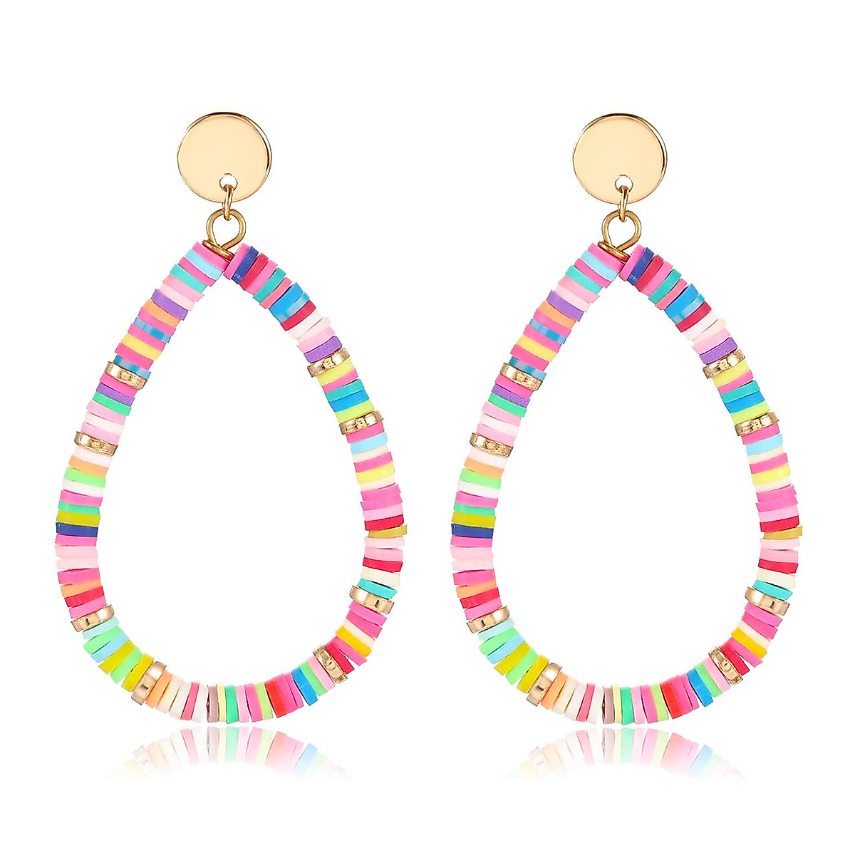 XOCARTIGE Heishi Bead Drop Earrings Colorful African Vinyl Beaded Hoop Dangle Earring Studs for Women Bohemia Summer Beach Accessory (A Rainbow)