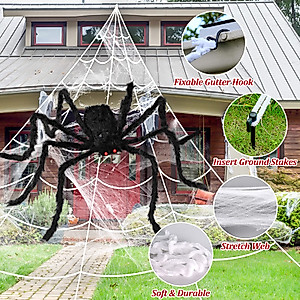 EZIGO Halloween Spider Decorations 3PCS Giant Spider Huge Spider Web Stretch Web Component of Huge Spider and Mega Spider Web Halloween Party Supplies Yard Halloween Outdoor Décor Haunted Decoration
