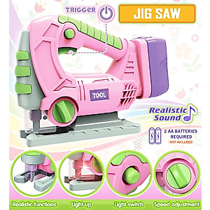 Kids Tool Set with Electric Toy Drill Chainsaw Jigsaw Toy Tools for Girl, Realistic Kids Power Construction Pretend Play Tools Set Toddler Toys Playset Kit for Toddler Boy Girl Kid Child Tool Toy Pink