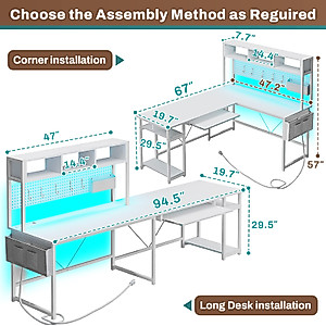 SEDETA White L Shaped Gaming Desk, Reversible Corner Desk with Power Outlet and Pegboard, L Shaped Desk with Hutch, Storage Shelf, Keyboard Tray, and LED Lights for Home Office, White