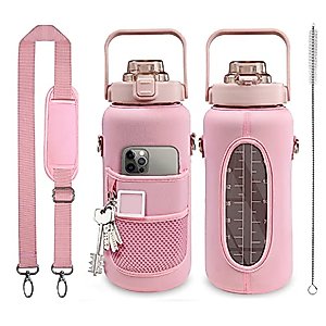 Half Gallon Water Bottle With Sleeve 70oz (2L) Inspirational Water Bottle With Straw and Time Stamp, Drinkable Leak-Proof Tritan BPA-Free Bottle, Large Water Jug for Daily Hydration, Sports Bottles