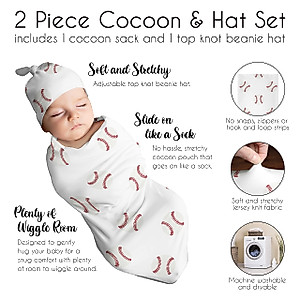 Sweet Jojo Designs Baseball Baby Boy Cocoon and Beanie Hat 2pc Set Jersey Stretch Knit Sleeping Bag for Infant Newborn Nursery Sleep Wrap Sack - Red and White Americana Sports