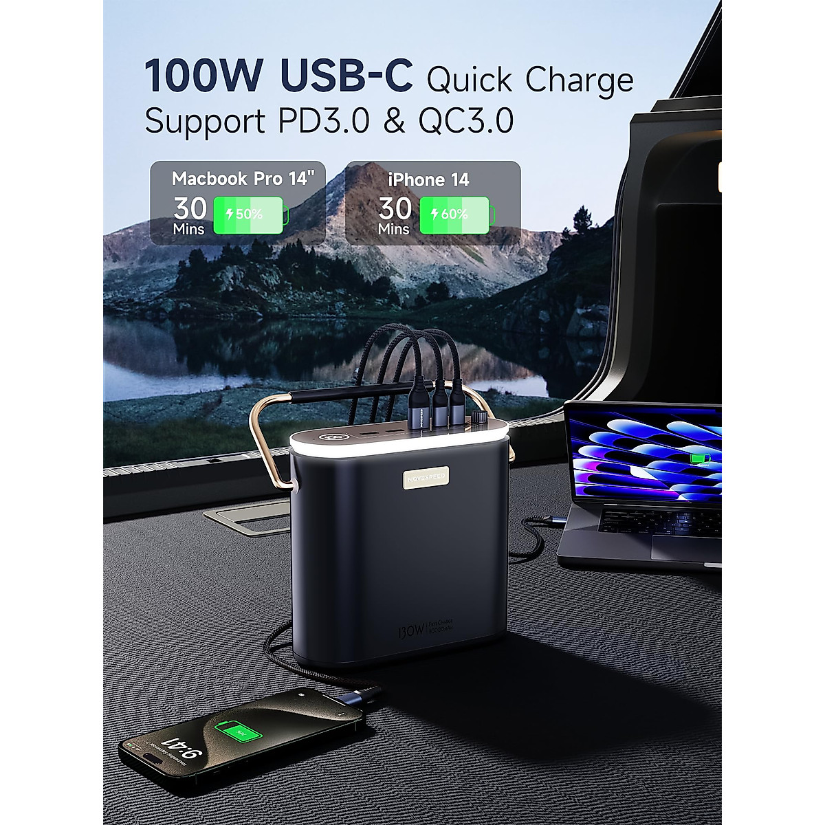 MOVE SPEED 80,000mAh Power Bank 130W Portable Power Station with Digital Display, Lighting, USB C 5-Port Support Solar Recharge for Outdoor Camping,Laptop,Emergency Backup(296Wh)
