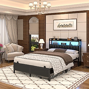 Homieasy Full Size Bed Frame with Charging Station, Adjustable Upholstered Faux Leather Headboard, Industrial Platform Bed with LED Lights, Steel Slat Support, No Box Spring Needed, Black