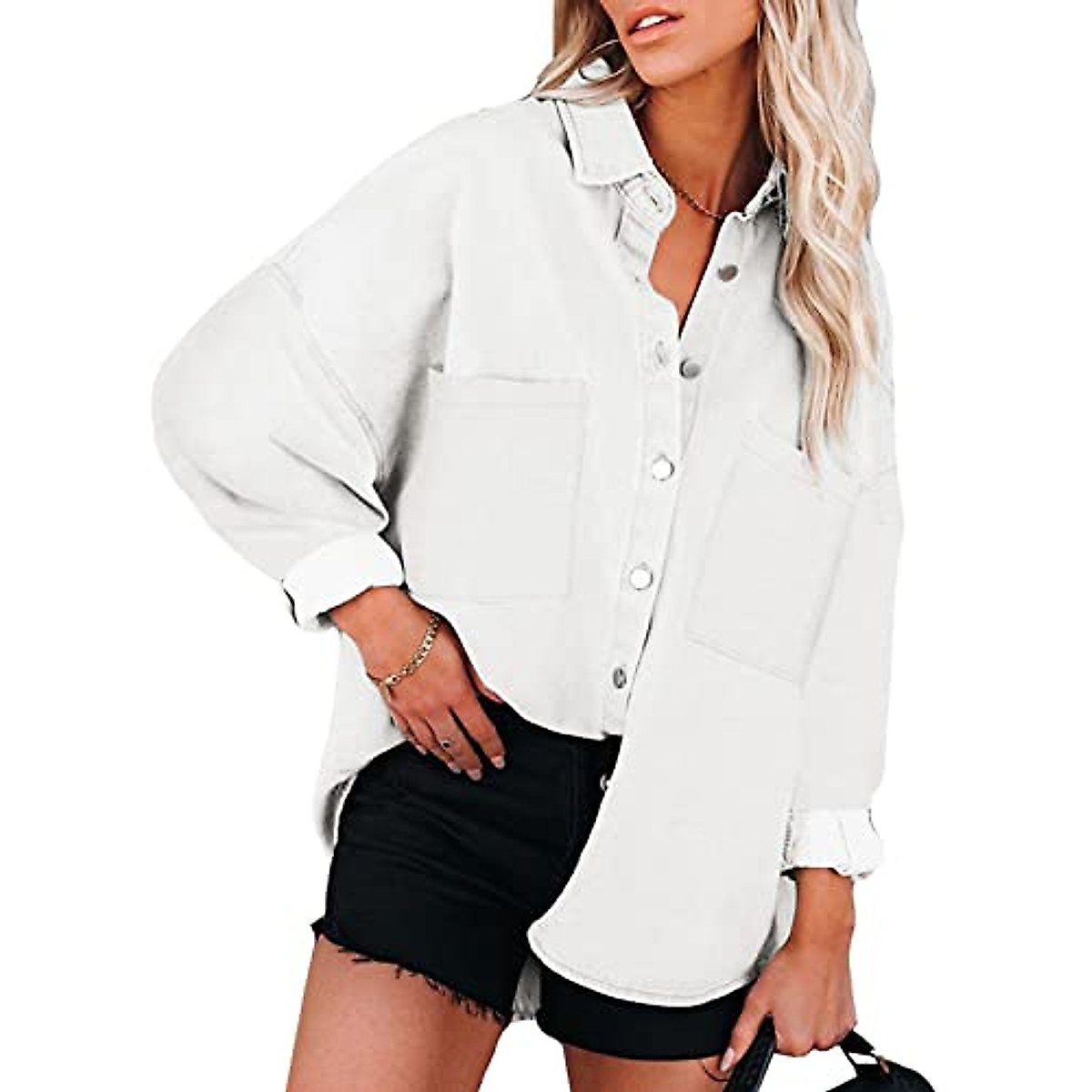 Dokotoo Shacket Jacket Women V Neck Roll Up Long Sleeve Pocket Denim Jean Jacket Shirts Shacket Casual Solid Boyfriend Button Down Blouses with Bust Pockets White L