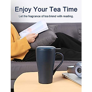ARRADEN Tea Cup with Infuser and 2 Lids, 18oz Large Tea Infuser Mug, Tea Strainer Cup for Loose Tea, Travel Mug with Tea Bag Holder (Royal Blue)