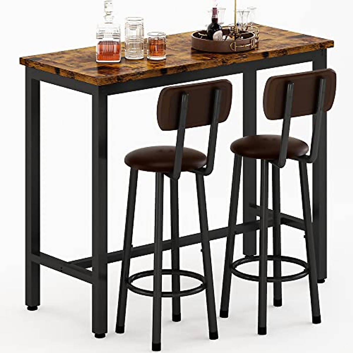 AWQM Bar Table Set of 2,39.3" Pub Height Table & 2 PU Upholstered Stools with Backrest,Industrial 3 Piece Breakfast Bar Table Sets,for Living Room,Kitchen,Bar,Rustic Brown & Black & Brown