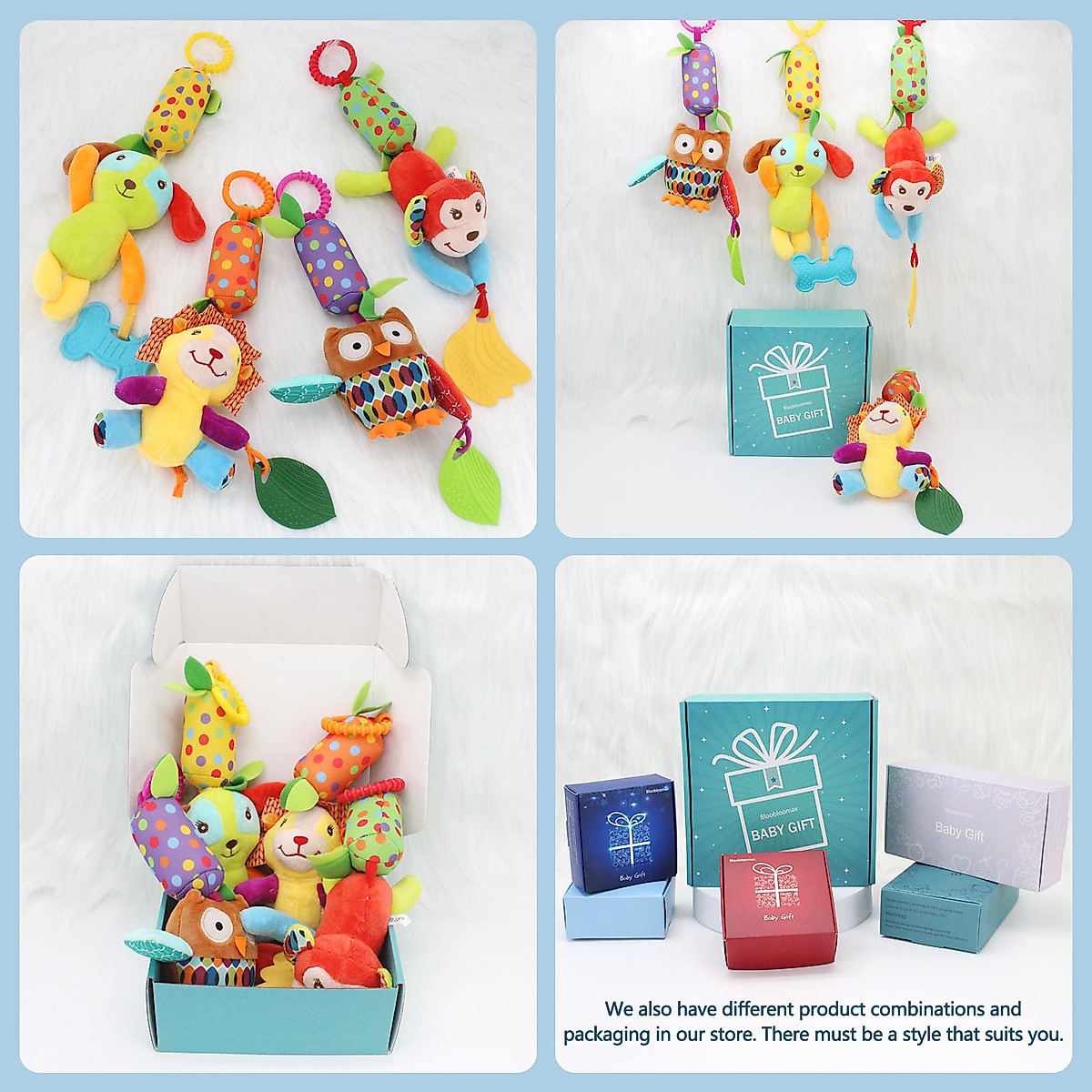 BLOOBLOOMAX Baby Soft Hanging Rattle, Car Seat Stroller Toys with Plush Animal C-Clip Ring for Infant Babies Boys and Girls 3 6 9 to 12 Months (4pcs)