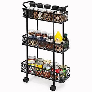 Tuenort Slim Storage Cart, 3 Tier Kitchen Rolling Cart on Wheels, Mobile Metal Pantry Cart Rack for Bathroom Laundry, Rolling Utility Cart for Narrow Places Black
