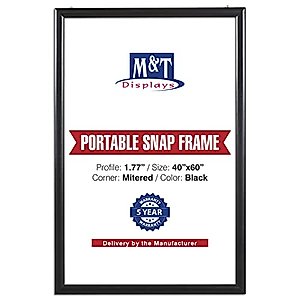 M&T Displays Portable Snap Poster Frame 40x60 Inch Black 1.77" Aluminum Profile Front Loading Wall Mounting Photo Picture Document Certificate Sign Holder Mitered Corner Anti Glare Cover