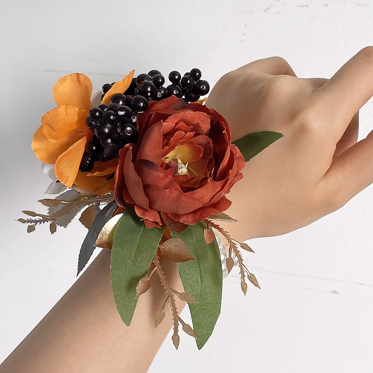 Rinlong Set of 6 Burnt Orange Wrist Corsage Wristlet Band Bracelet Wrist Flowers Wedding Bride Bridesmaid Flower Accessories Decoration