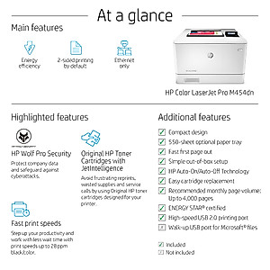 HP Color Laserjet Pro M454dn Print only Wired Laser Printer, 2-line Backlit LCD Display, 28 ppm, Auto Duplex Printing, 600 x 600 dpi, 8.5 x 14, USB 2.0, Ethernet, White, Cbmou Printer Cable