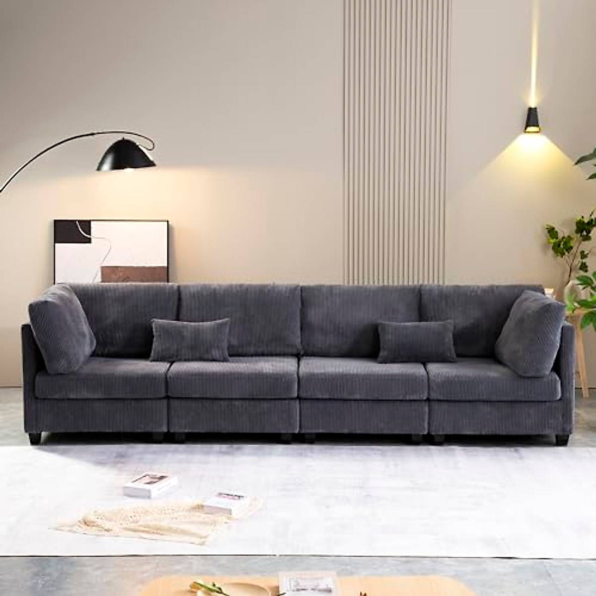 Oversized Deep Seat Modular Sectional Sofa Cloud Couch with Movable Ottoman, Modern Corduroy Upholstered Convertible L Shaped Corner Sofa&Couches with Wooden Legs for Living Room, Apartment, Office