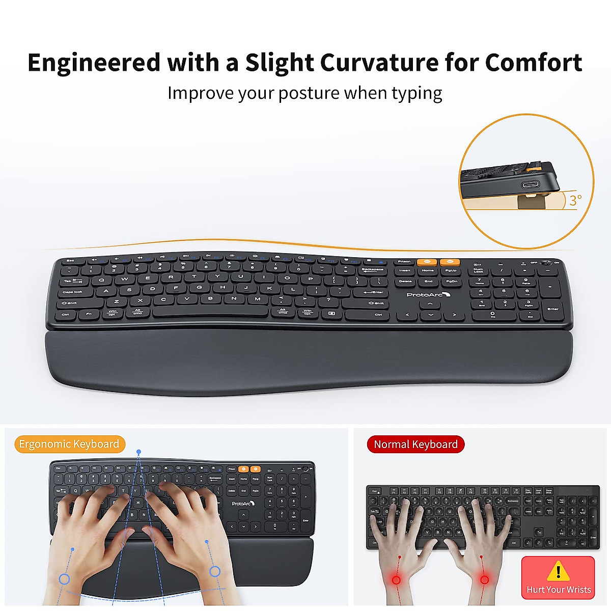 Wireless Keyboard Mouse, ProtoArc EKM02 2.4G Rechargeable Ultra-Slim Keyboard for Mac with Removable Magnetic Wrist Rest, Full Size Curved Keyboard for Natural Typing, Compatible with Windows/Mac