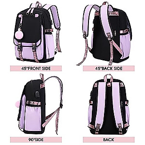 Bevalsa School Backpack for Girls, Girls Backpack with Lunch Box, Bookbag for Girls Kids Elementary Middle High School College Student 21L Casual Daypack Children Schoolbag with USB Charging Port (Purple)