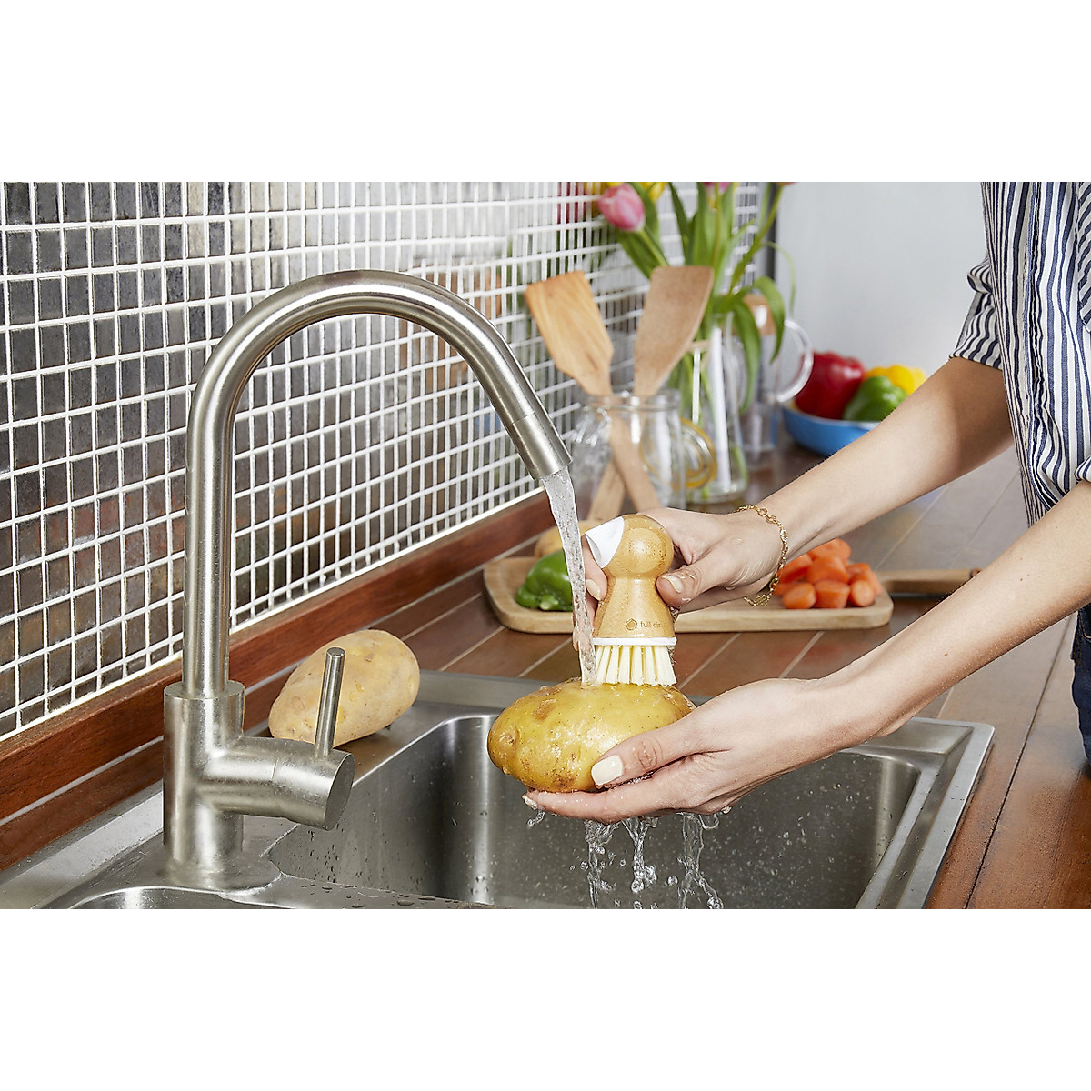 Full Circle Tater Mate Bamboo Potato Brush with Eye Remover, White