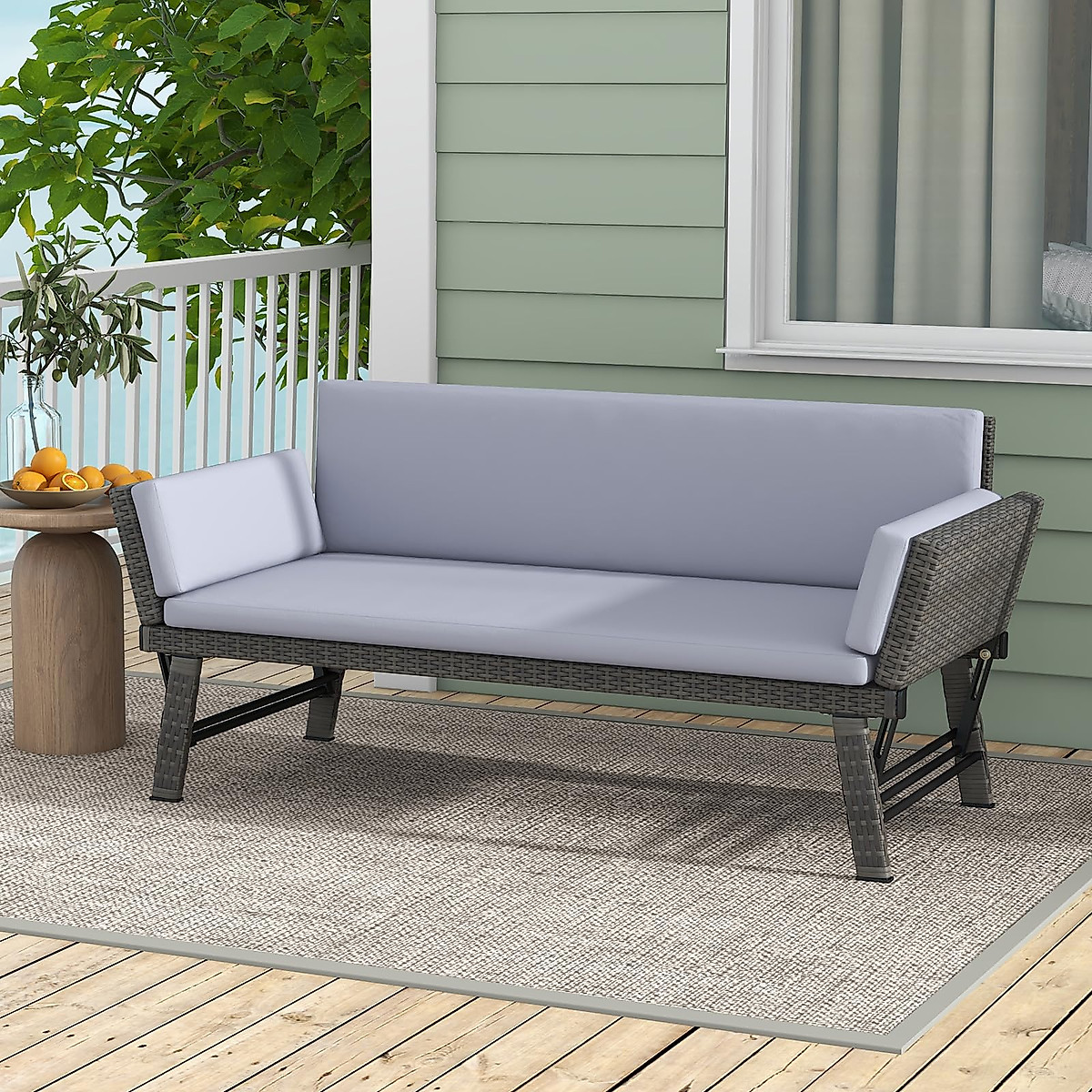 Tangkula Outdoor Convertible Sofa Daybed with Adjustable Armrests, PE Rattan Patio Couch Furniture with Thick Cushions, for Porch, Balcony, Backyard, Poolside (Gray)