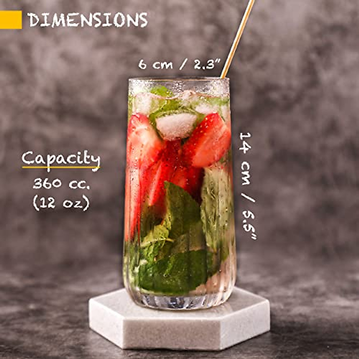 Ribbed Glassware Set of 6, Ribbed Glass Cups 12 oz, Ribbed Glasses, Fluted Glassware, Ribbed Drinking Glasses, Ribbed Glassware for Whiskey, Cocktail, Beer, Iced Coffee Tea Smoothie (12oz/360cc)