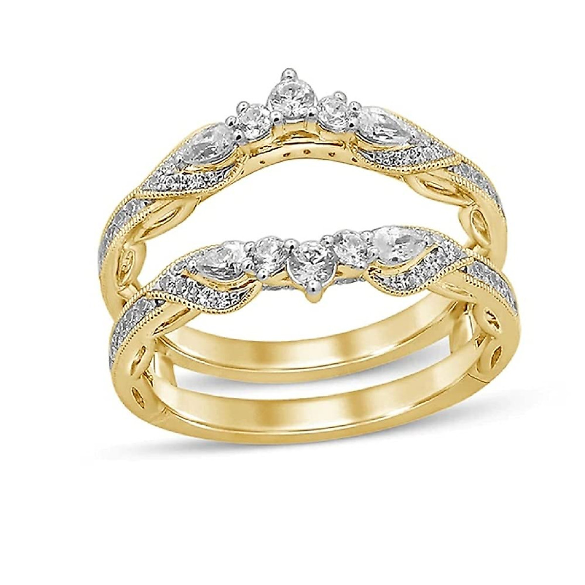 Jewelry Star 3/4 CTW Pear-Shaped Cubic Zirconia Double Crown Vintage-Style Solitaire Enhancer Band in 925 Sterling Silver 14K Yellow Gold Finish