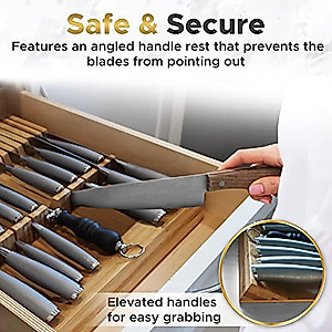 Kitchenero Knife Holder Extra Large 16.85x12.17" with Knife Sharpener Slot Premium Bamboo In-Drawer Knife Organizer Durable and Sustainable Updated Design Fits Most Standard Drawers
