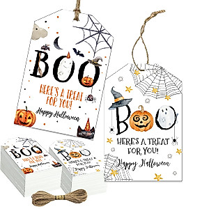 50Pcs Halloween Tags with String Halloween Trick or Treat Spooky Goodie Candy Ghost Tag Happy Boo Day Hanging Gift Label Cute Cartoon Name Cards Gift Wrapping for Halloween Party (Halloween)