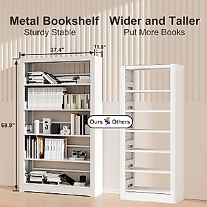 OSEILLC 5-Tier Bookshelf, White Bookshelf with Adjustable Storage Shelves, Metal Bookshelf, 69" Tall Bookcase for Living Room, Library, Office, Bedroom, Including Book Stopper