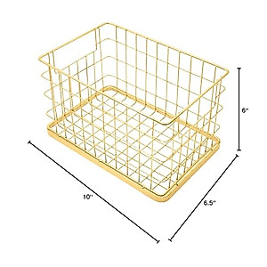 Set of 2 Stackable 10" Metal Wire Storage Basket Bins With Handles (Gold Wide Mesh Base)