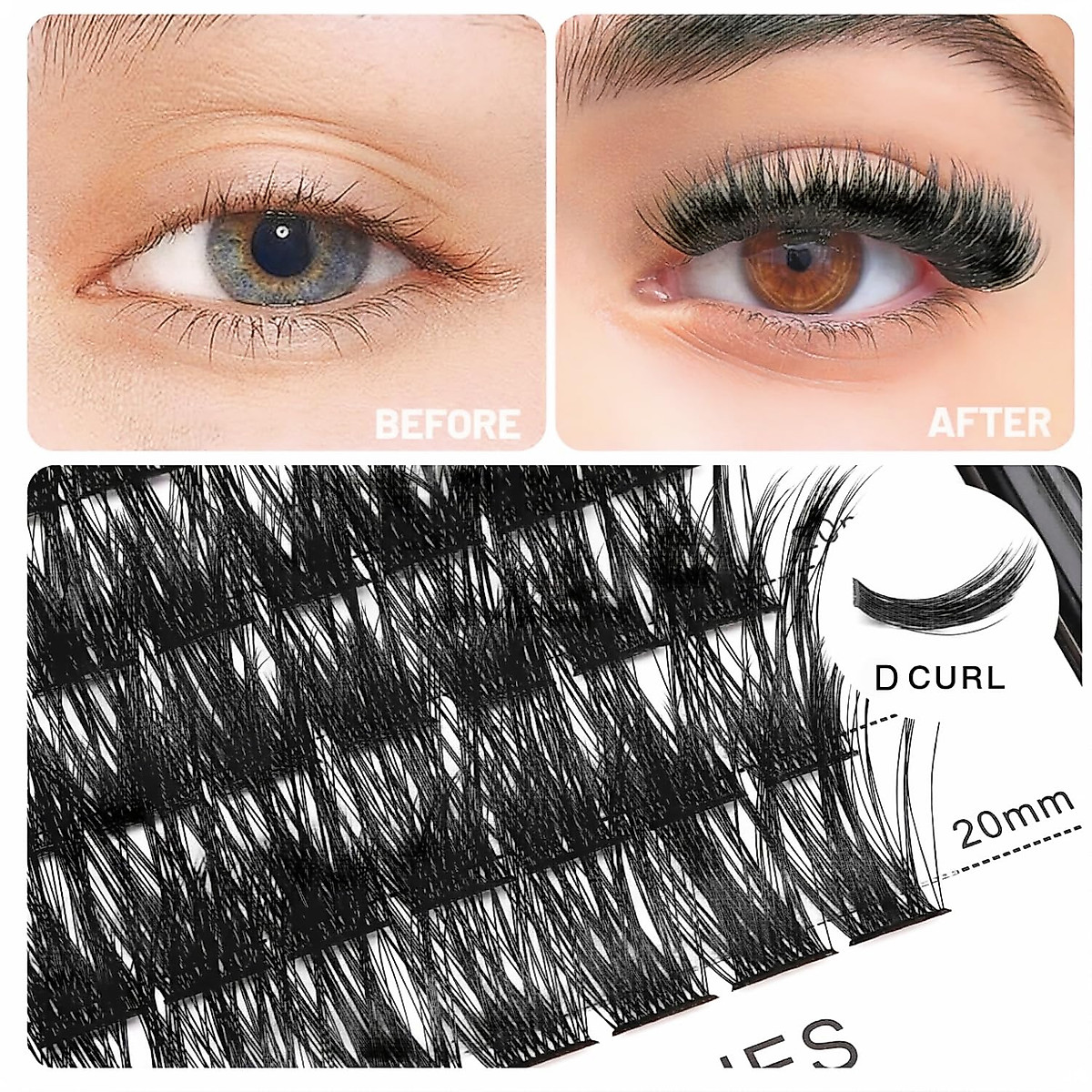 Vayator Mixed Size Kit with Applicator and Lash Bond & Seal 8-14mm/10-16mm/14-20mm Mix D Curl/DD Curl Makeup Cluster Grafting Eyelashes Individual Extension (C#8-10-12-14mm Mixed)