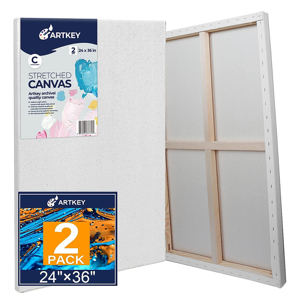 Stretched Canvases for Painting 24x36 Inch 2-Pack, 12.3 oz Triple Primed Acid-Free 100% Cotton Blank Canvas, Large Canvases for Oil Paint Acrylics Pouring & Wet Art Media, Pour Painting